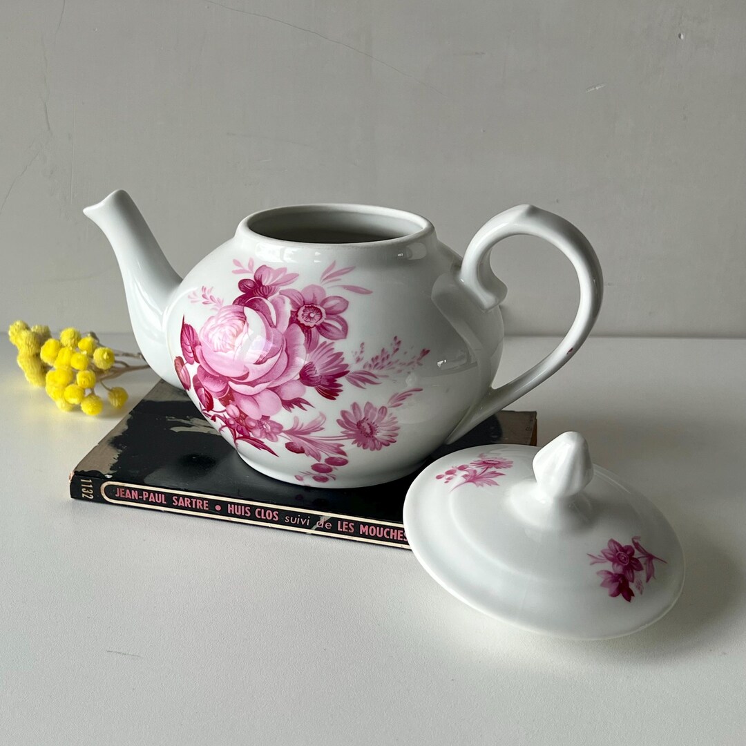 Vintage Apilco French Teapot: White Porcelain Pink Roses Decor - Etsy