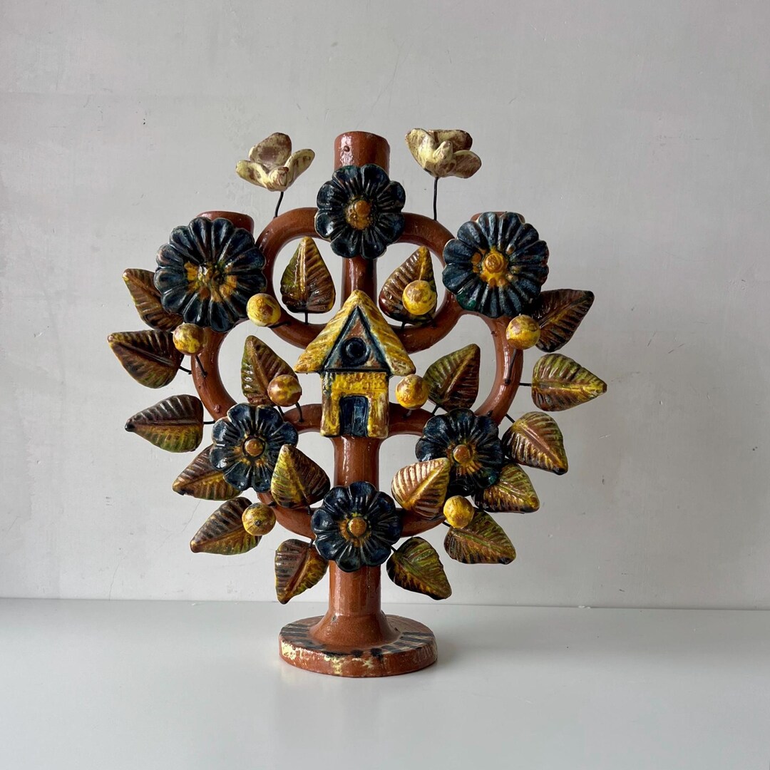 Mexican Tree of Life Candelabra, Vintage Folk Art Clay Sculpture, Hand ...