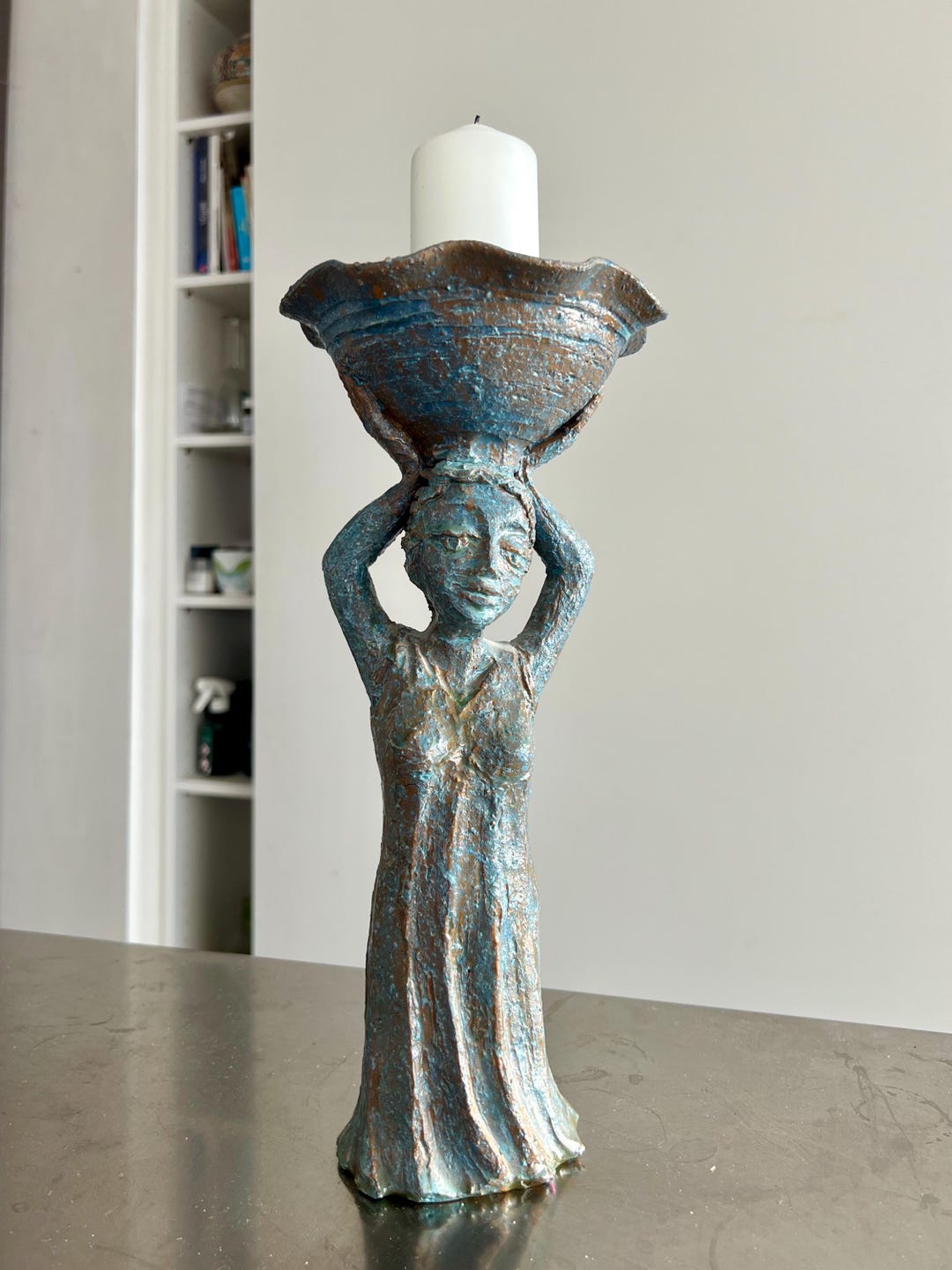 Handmade Ceramic Statue, Woman With a Bowl on Her Head, Folk Art ...