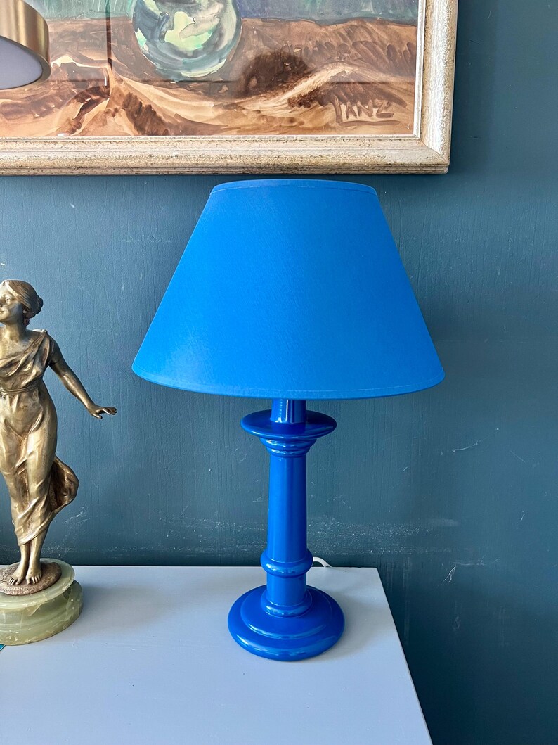 Vintage Glossy Blue Ceramic Table Lamp, Twisted Foot, Bedside Lamp ...