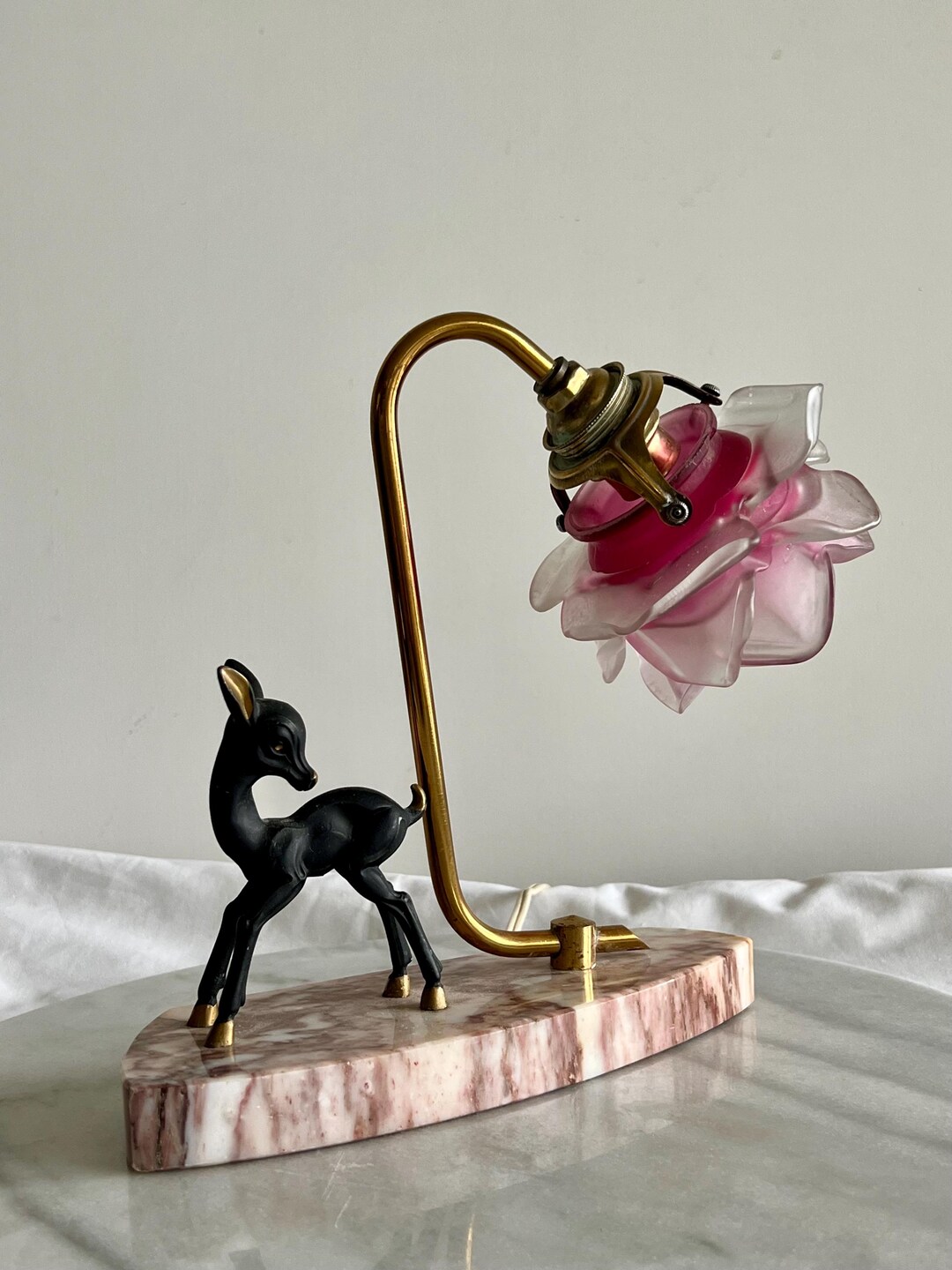 French Art Déco Style Marble Lamp, Fawn and Rose Shaped Shade, Vintage ...
