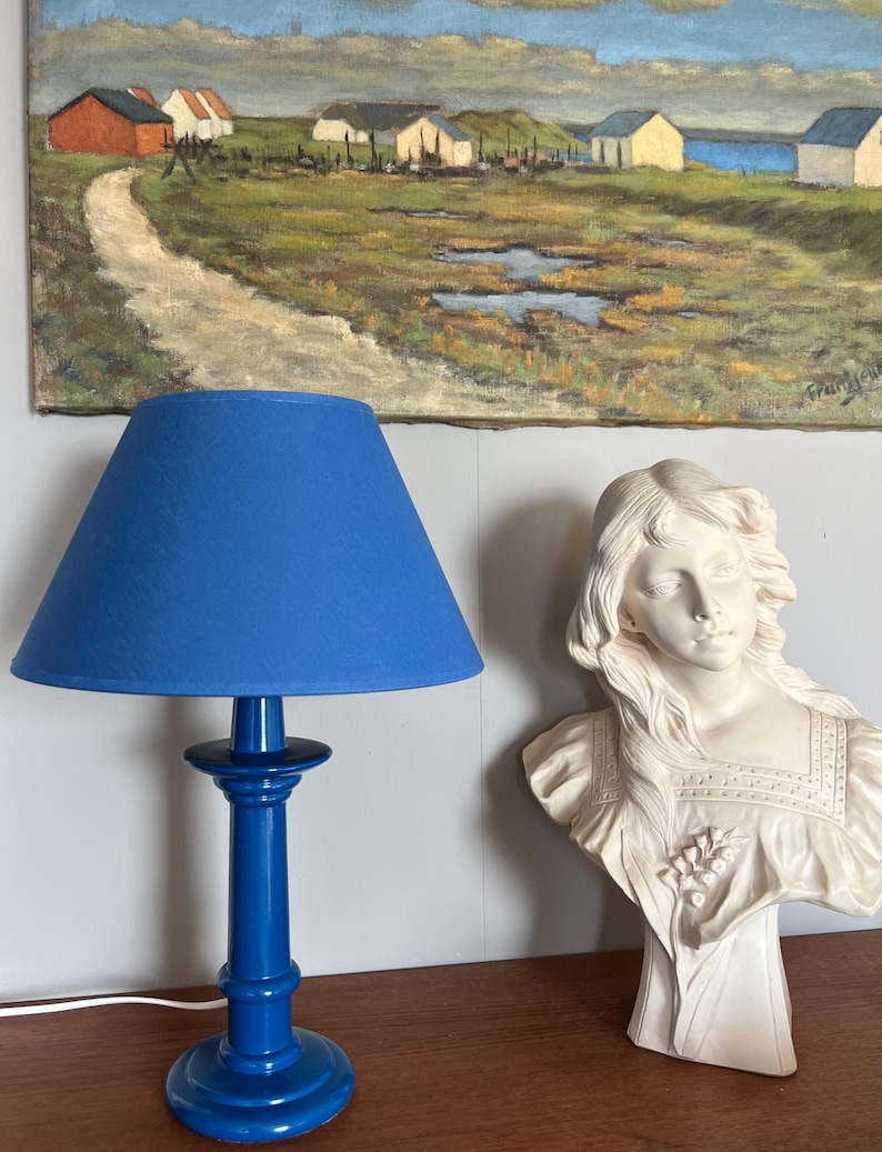 Vintage Glossy Blue Ceramic Table Lamp, Twisted Foot, Bedside Lamp ...