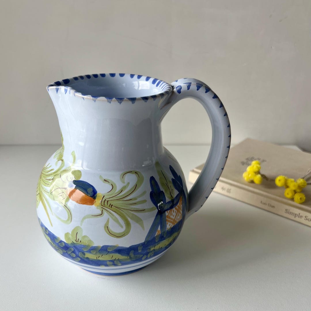 Vintage Folk Art Ceramic Pitcher: Hand-painted Floral Decor - Etsy