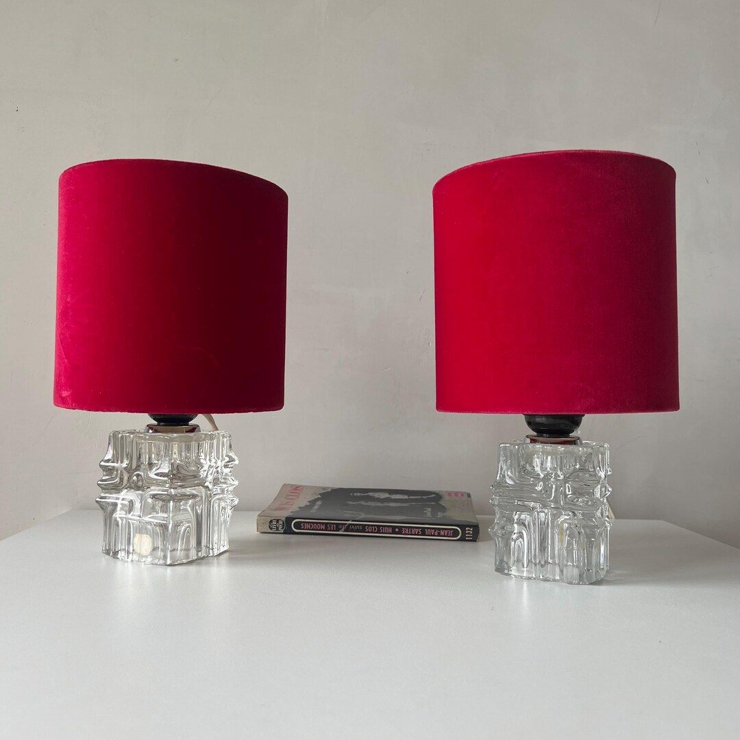 Vintage Bohemian Glass Table Lamps: Red Velvet Shade, MCM Lighting (set ...
