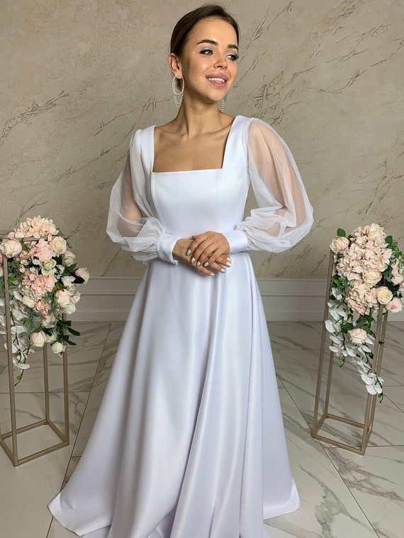 Minimalist Wedding Dress Simple Wedding Dress Long Sleeve | Etsy