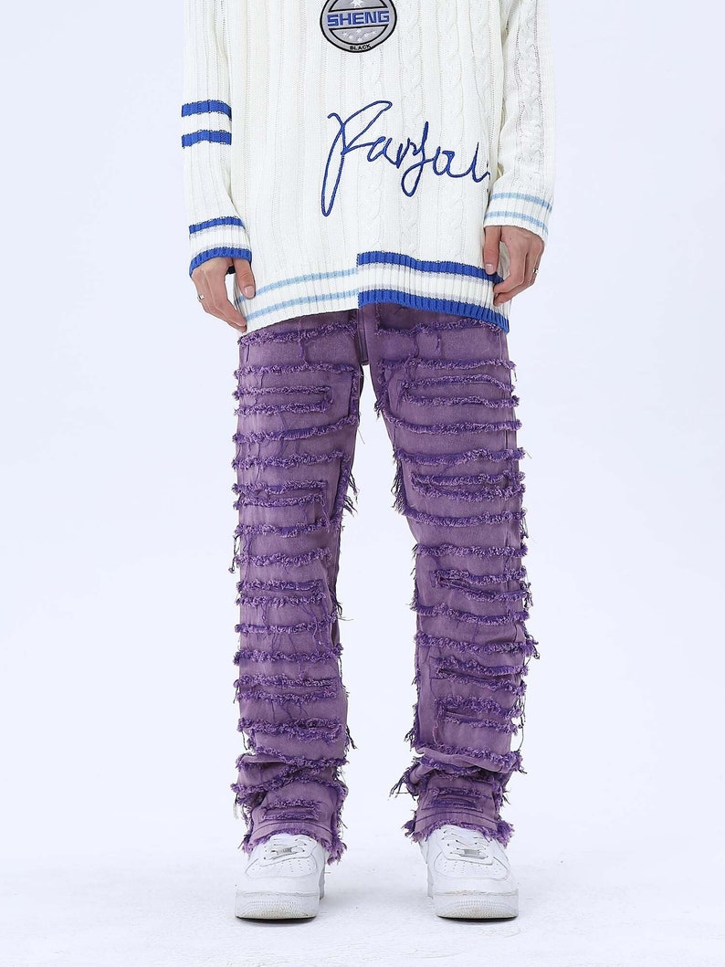 Purple Streetwear Stacked Denim Jeans Distressed Jeans - Etsy