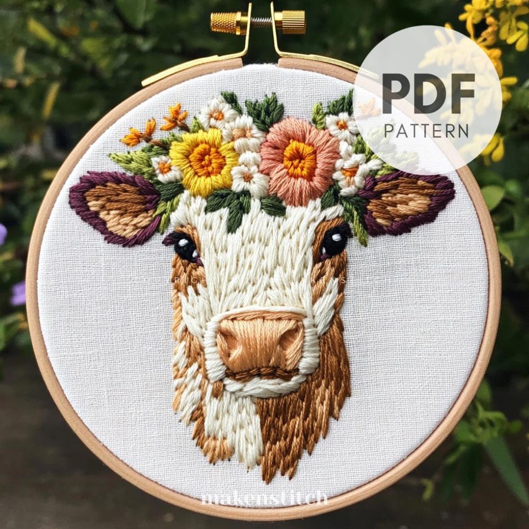 Farm Cow Hand Embroidery Pattern PDF, Animal Embroidery Design, Floral ...