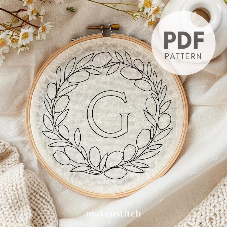 Floral Letter G Embroidery Pattern: Tulip Wreath Monogram (PDF Digital ...