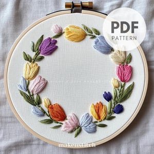 Tulip Wreath Hand Embroidery Pattern, Floral Embroidery Design, Spring ...