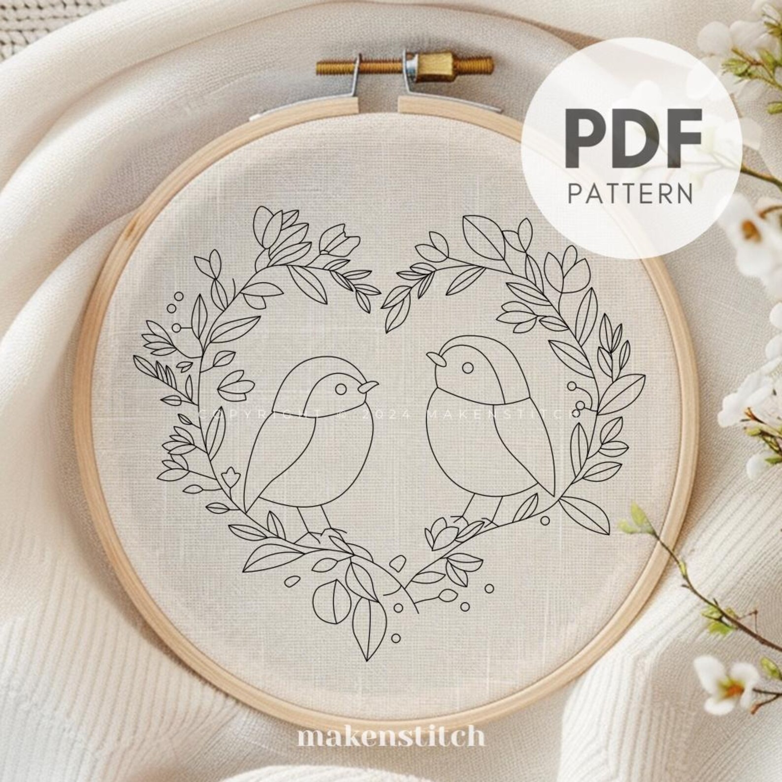 Love Birds Embroidery Pattern: Floral Heart Wreath Design (PDF) - Etsy