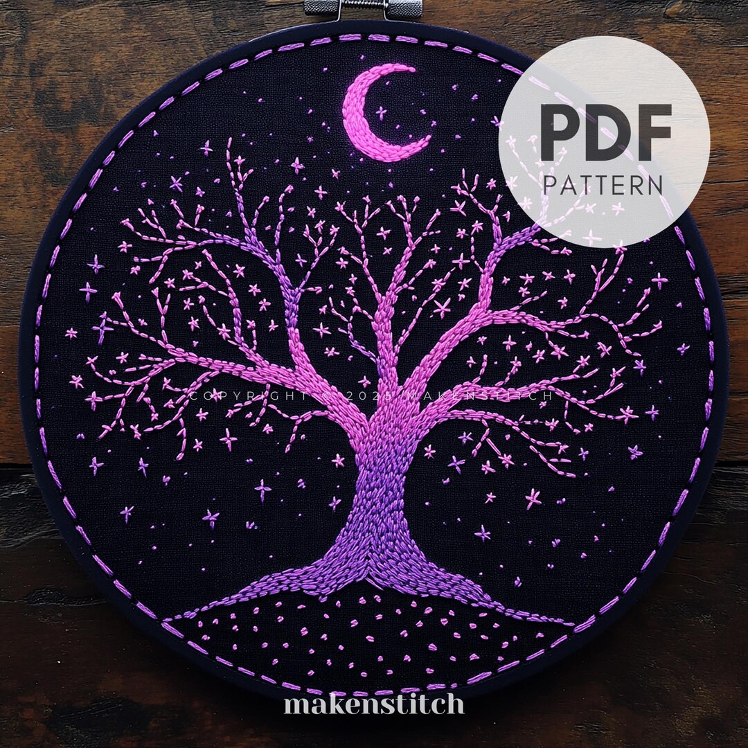 Celestial Tree Embroidery Pattern PDF, Moon and Stars Hand Embroidery ...