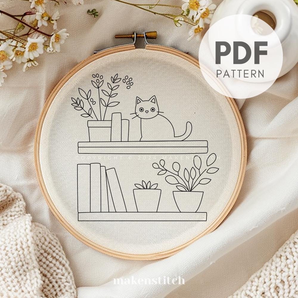 Bookish Black Cat Embroidery Pattern: Bookshelf Design (PDF Pattern) - Etsy
