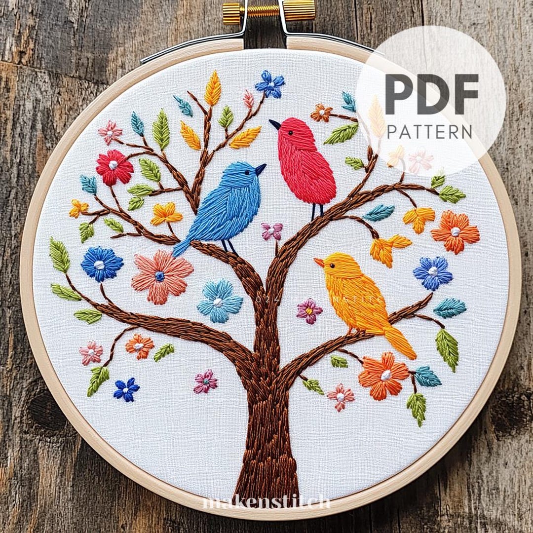 Birds in Bloom Tree Hand Embroidery Pattern, Birds Hand Embroidery ...
