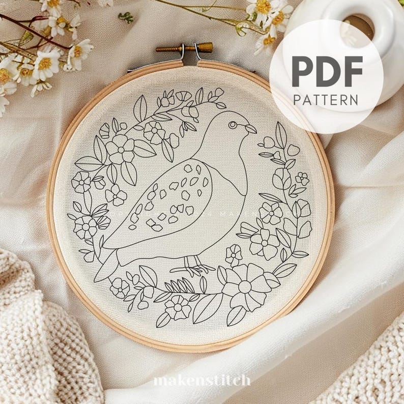 Purple Dove Hand Embroidery Pattern: Modern Floral Bird Design (PDF ...