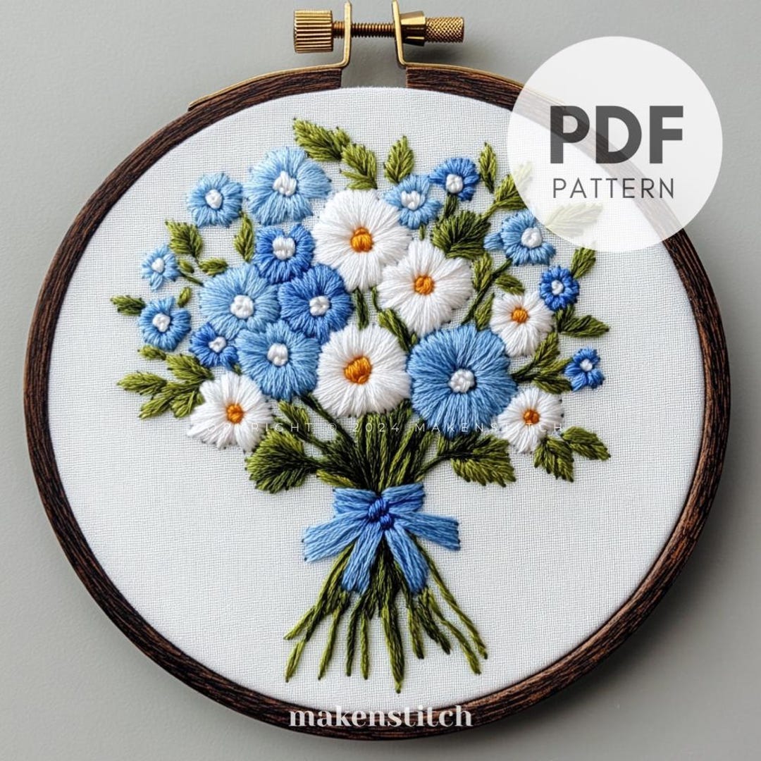 Daisy and Forget Me Not Bouquet Hand Embroidery Pattern PDF, Forget Me ...