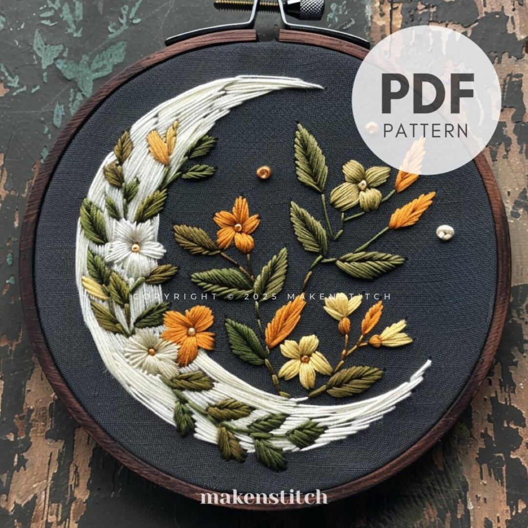 Crescent Moon Embroidery Pattern, Celestial Embroidery Design, Moon Art ...