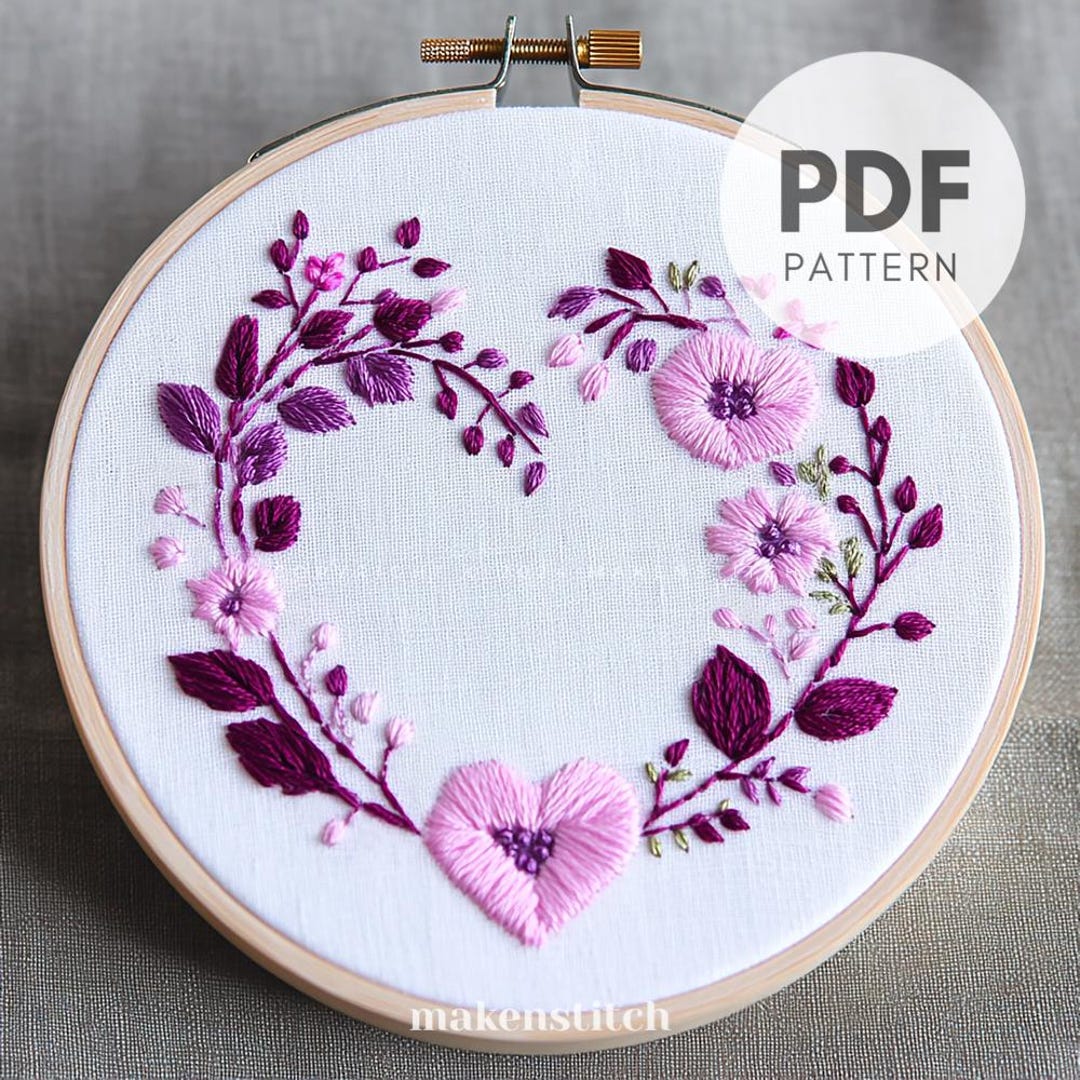 Pink Flower Heart Wreath Hand Embroidery Pattern, Floral Embroidery ...