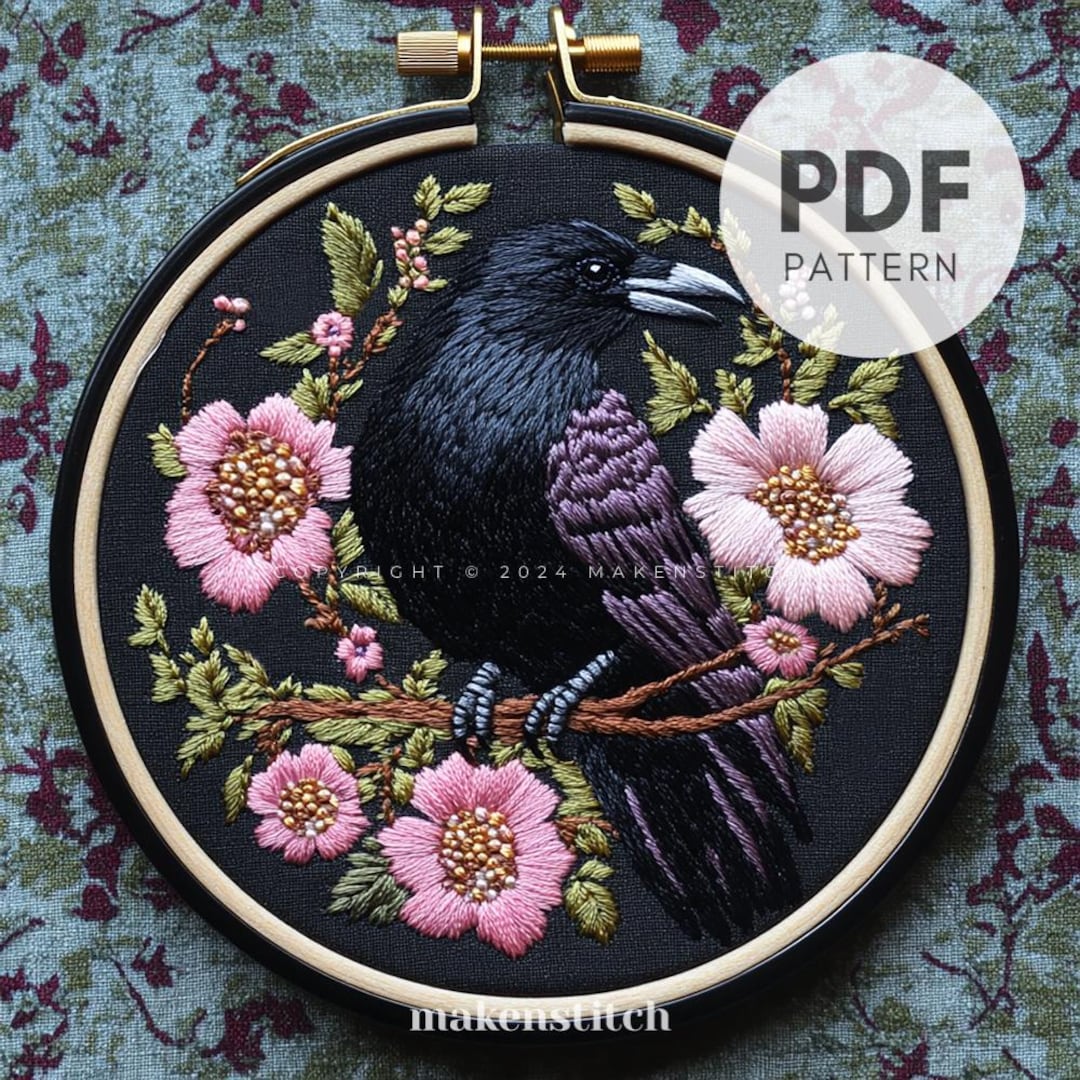 Floral Raven Embroidery Pattern, Black Bird Embroidery Design, Dark ...