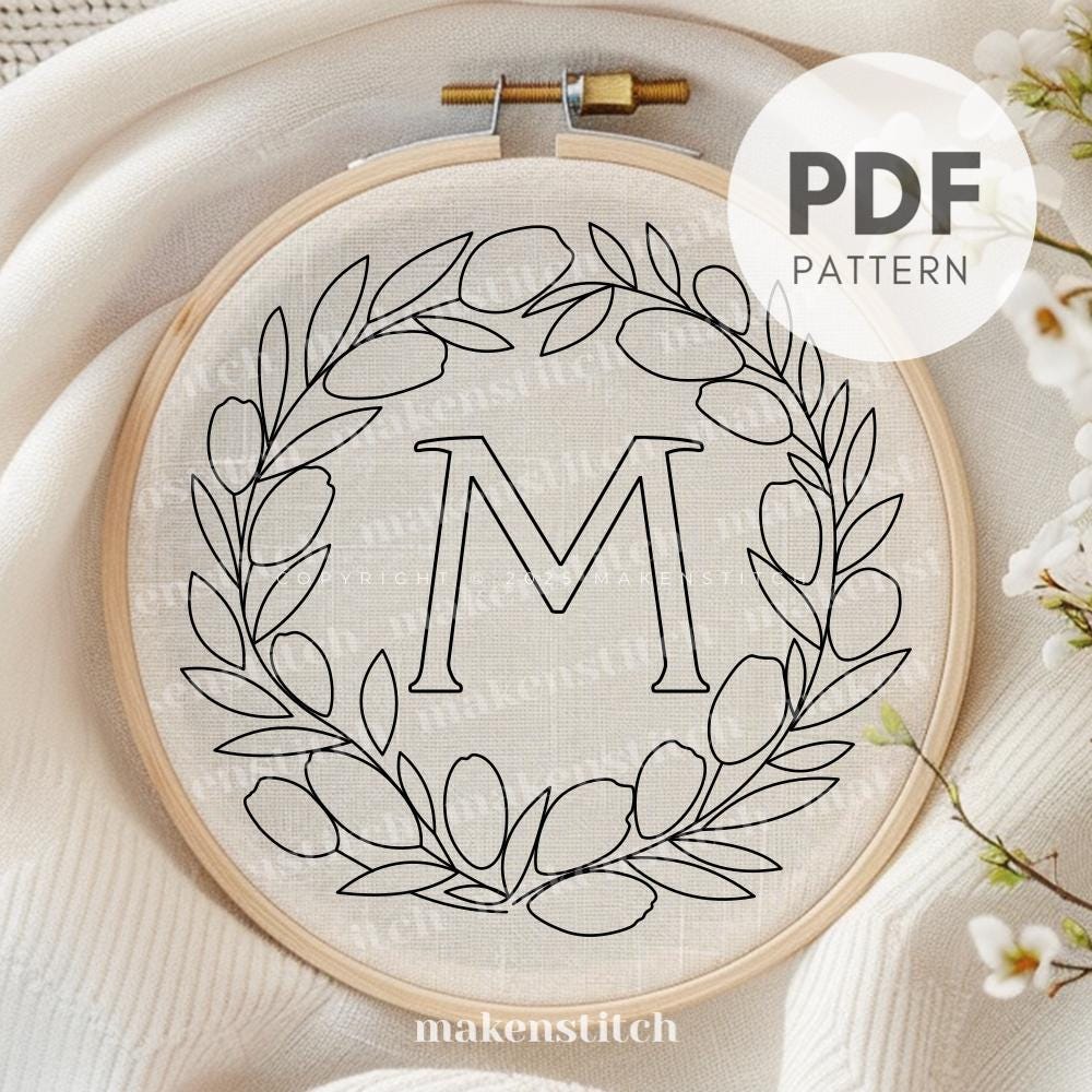 Floral Letter M Embroidery Pattern: Tulip Wreath Monogram (PDF Digital ...