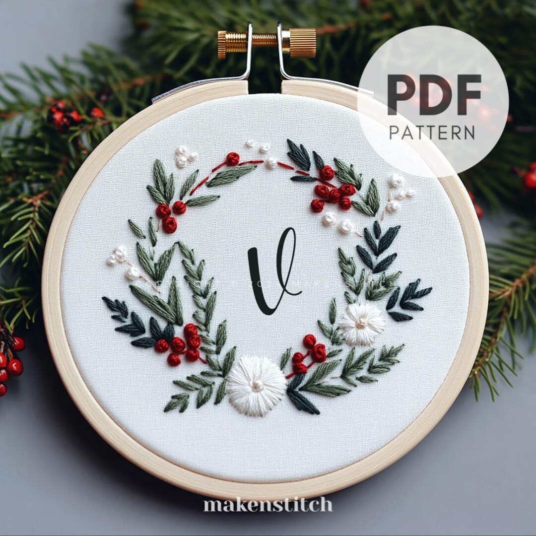 Christmas Letter V Embroidery PDF, Initial Hand Embroidery Design ...