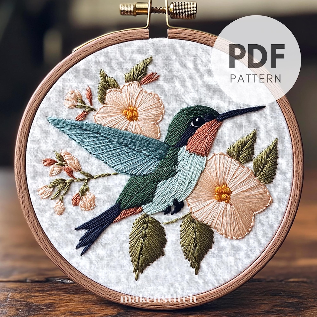 Floral Hummingbird Hand Embroidery Pattern, Hummingbird Pattern, Floral ...