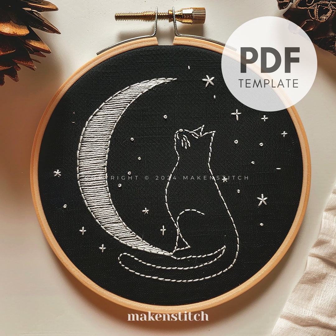 Cat and Moon Hand Embroidery Design, Cat Pattern, Cat Hand Embroidery ...