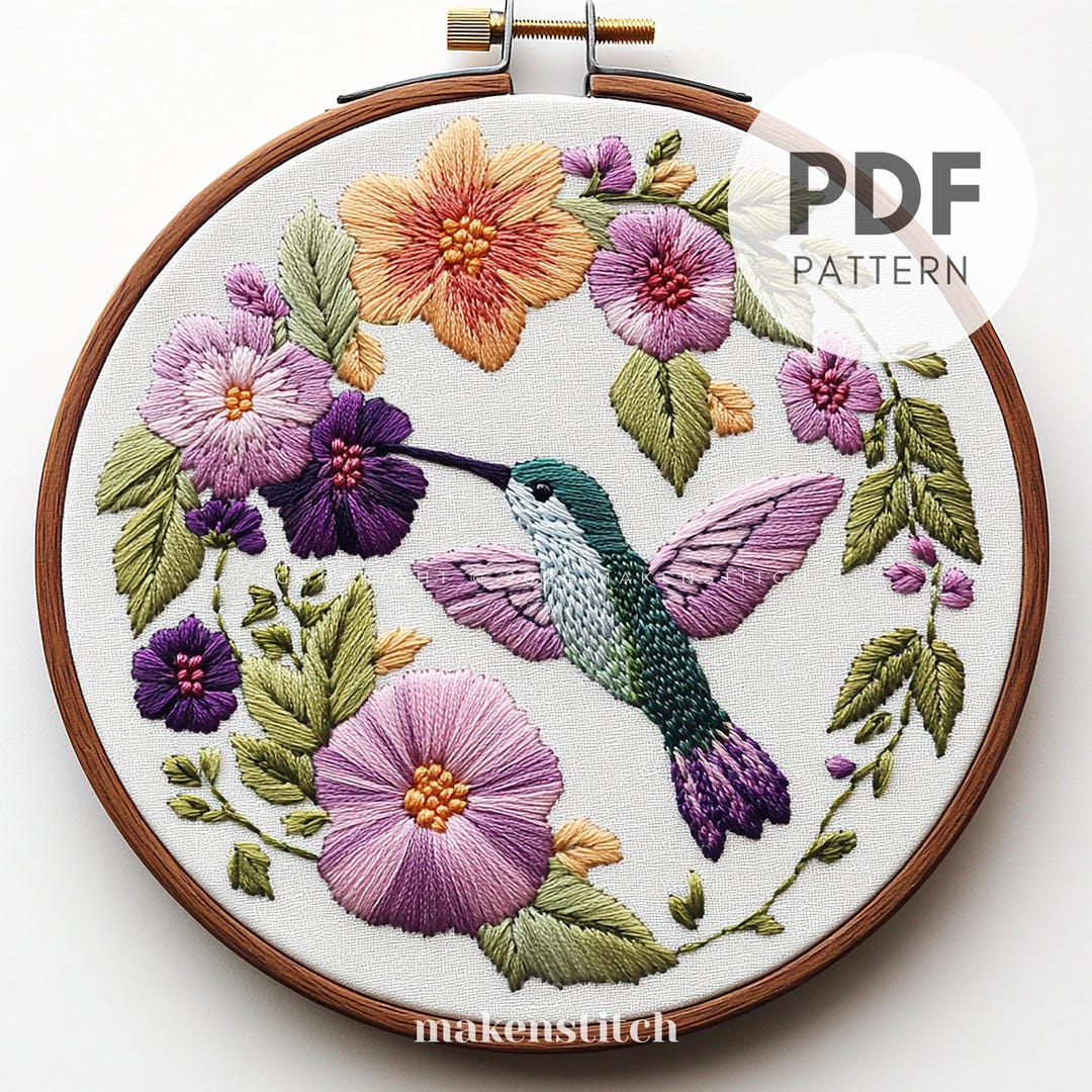 Purple Hummingbird Embroidery Pattern: Spring Floral Design (PDF ...