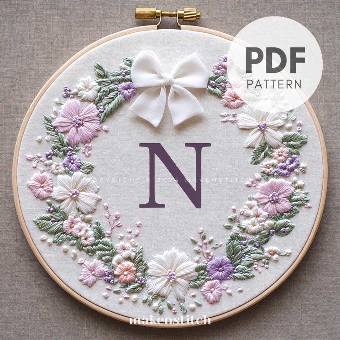 Floral Letter N Embroidery Pattern PDF, Floral Monogram Hand Embroidery ...
