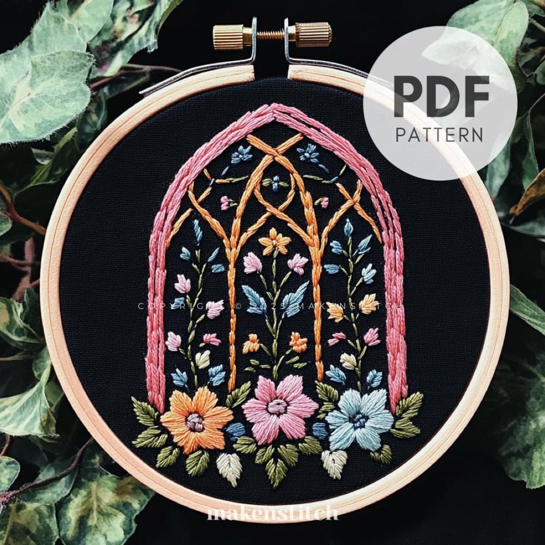 Gothic Church Window Embroidery Pattern PDF, Floral Hand Embroidery ...