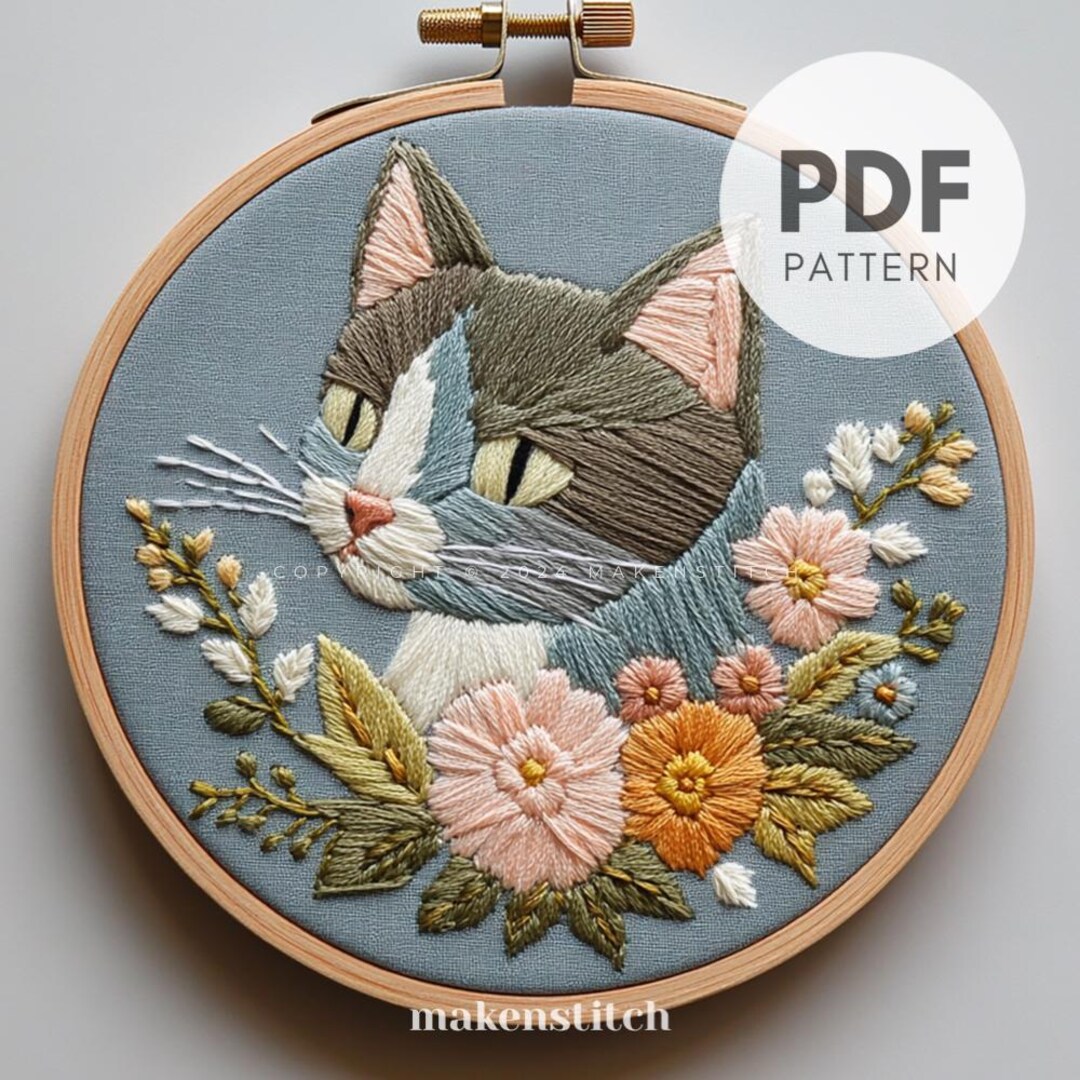 Cat and Flowers Hand Embroidery Pattern: Beginner Pet Portrait (PDF ...