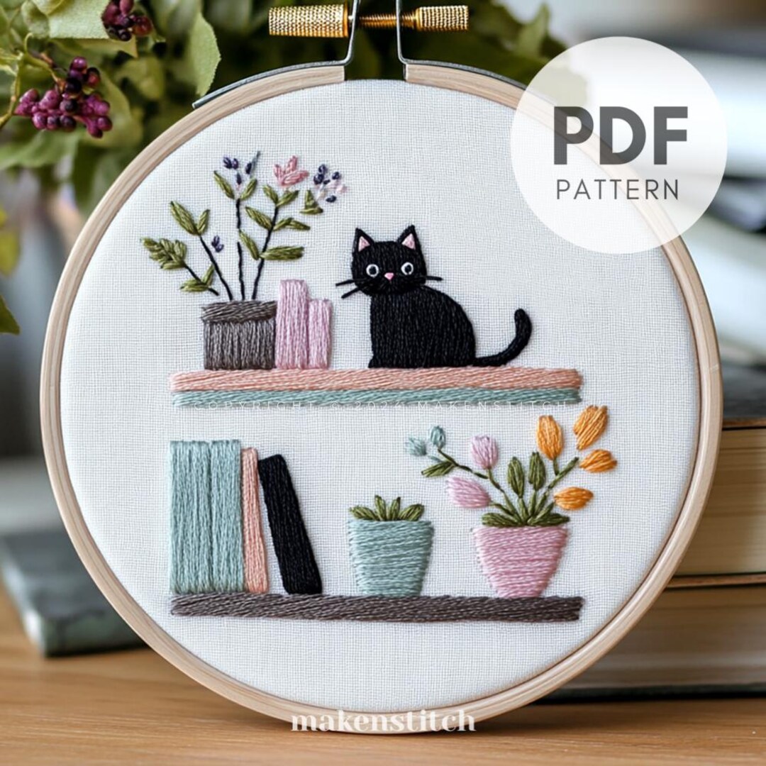 Bookish Black Cat Embroidery Pattern: Bookshelf Design (PDF Pattern) - Etsy