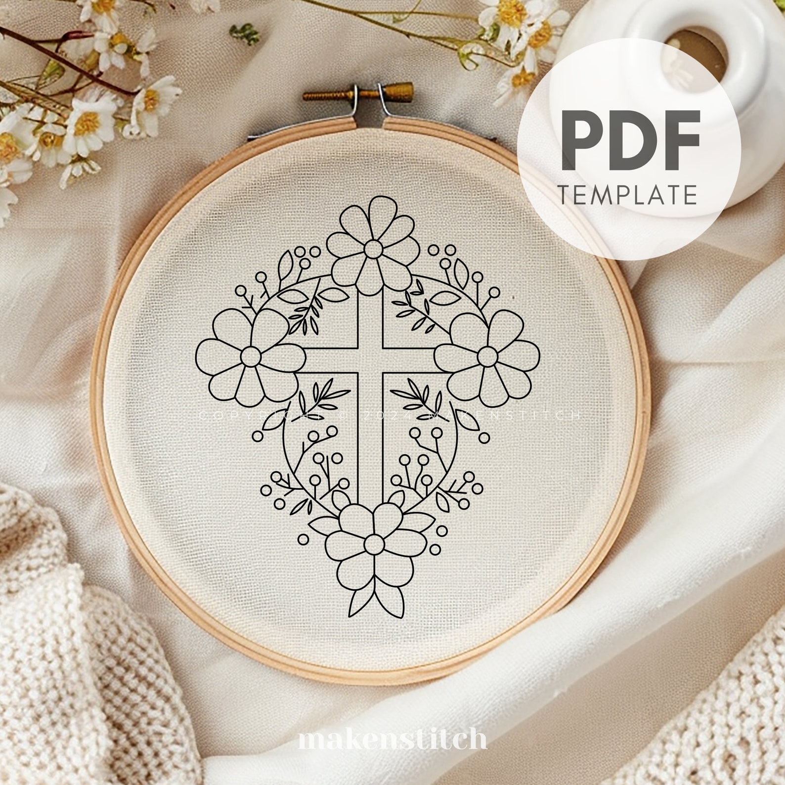 Pink Cross Hand Embroidery Pattern, Floral Cross Hand Embroidery ...
