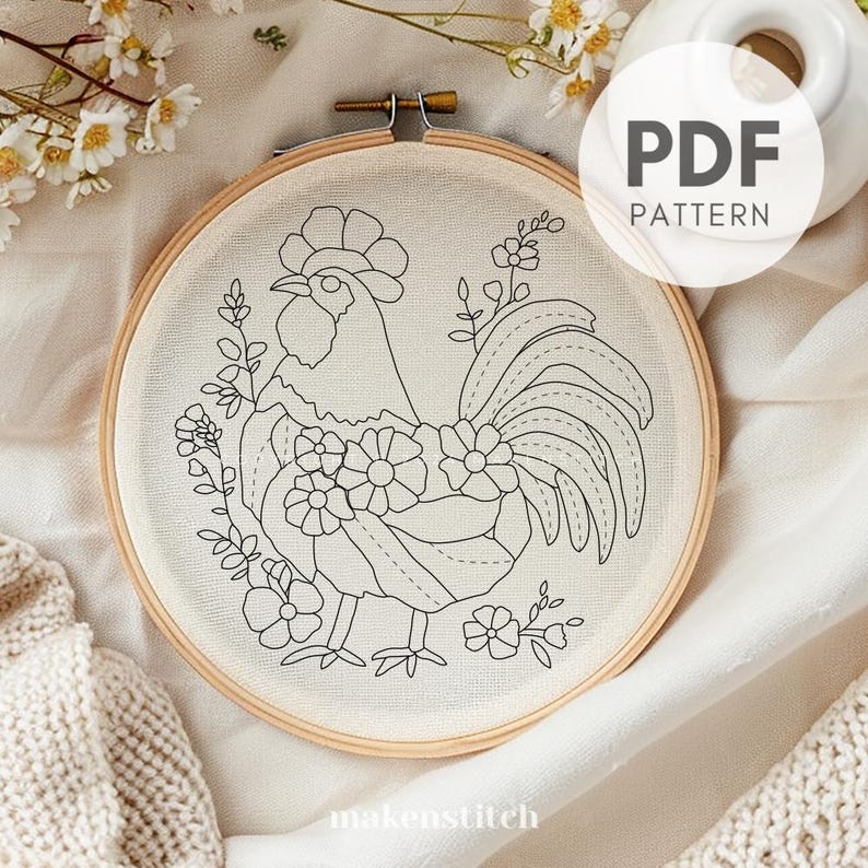 Floral Rooster Hand Embroidery Pattern: Folk Art Chicken (PDF Pattern ...