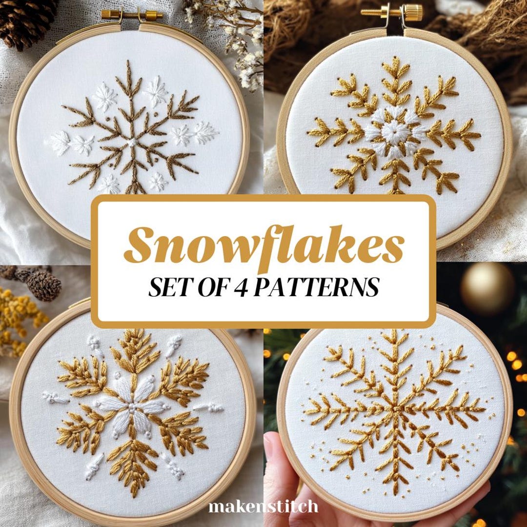 Gold Snowflake Embroidery Designs, Set of 4 Ornaments, Snowflake Embroidery Pattern, Winter ...