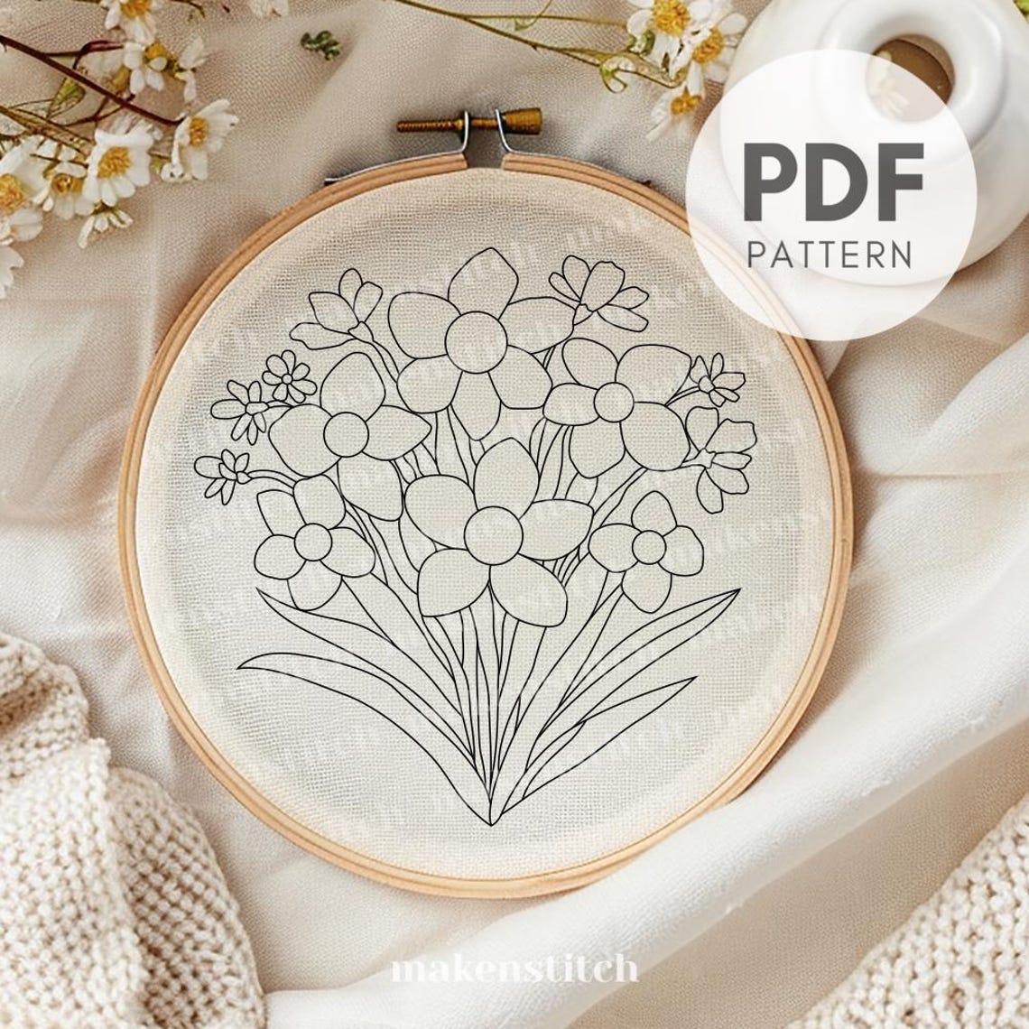 Daffodil Bouquet Hand Embroidery Pattern: Spring Floral Design (PDF ...