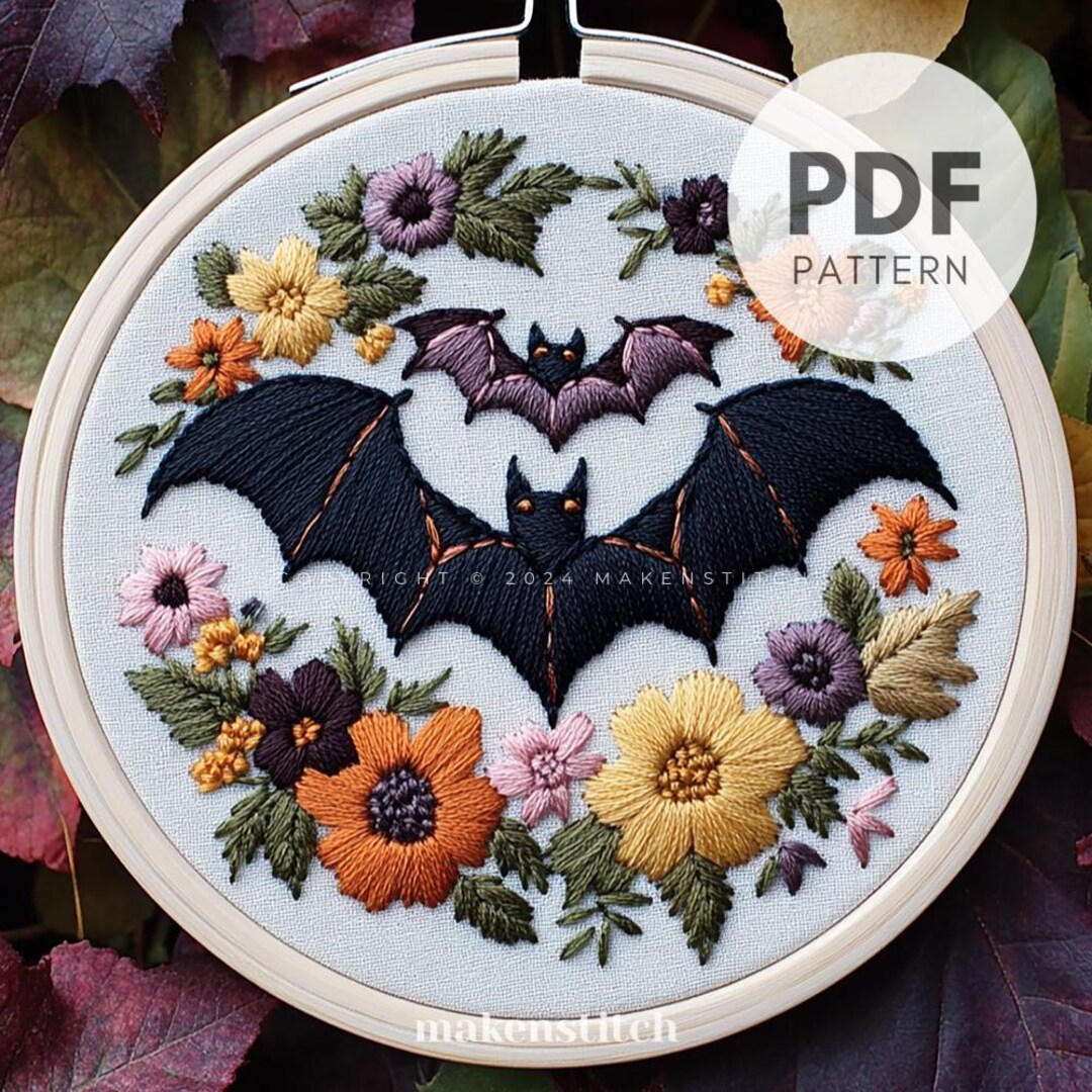 Floral Bats Hand Embroidery Pattern: Gothic Halloween Decor (PDF ...