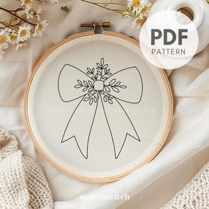 Simple Bow Hand Embroidery Pattern, Christmas Bow Embroidery Design ...