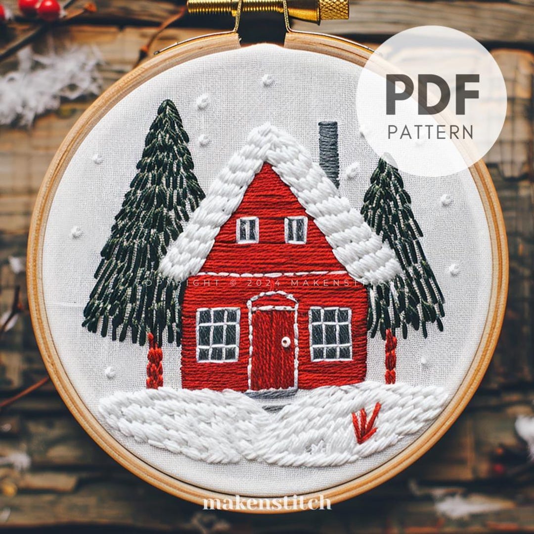 Winter Cabin Hand Embroidery Pattern: Christmas Cottage Design (PDF ...