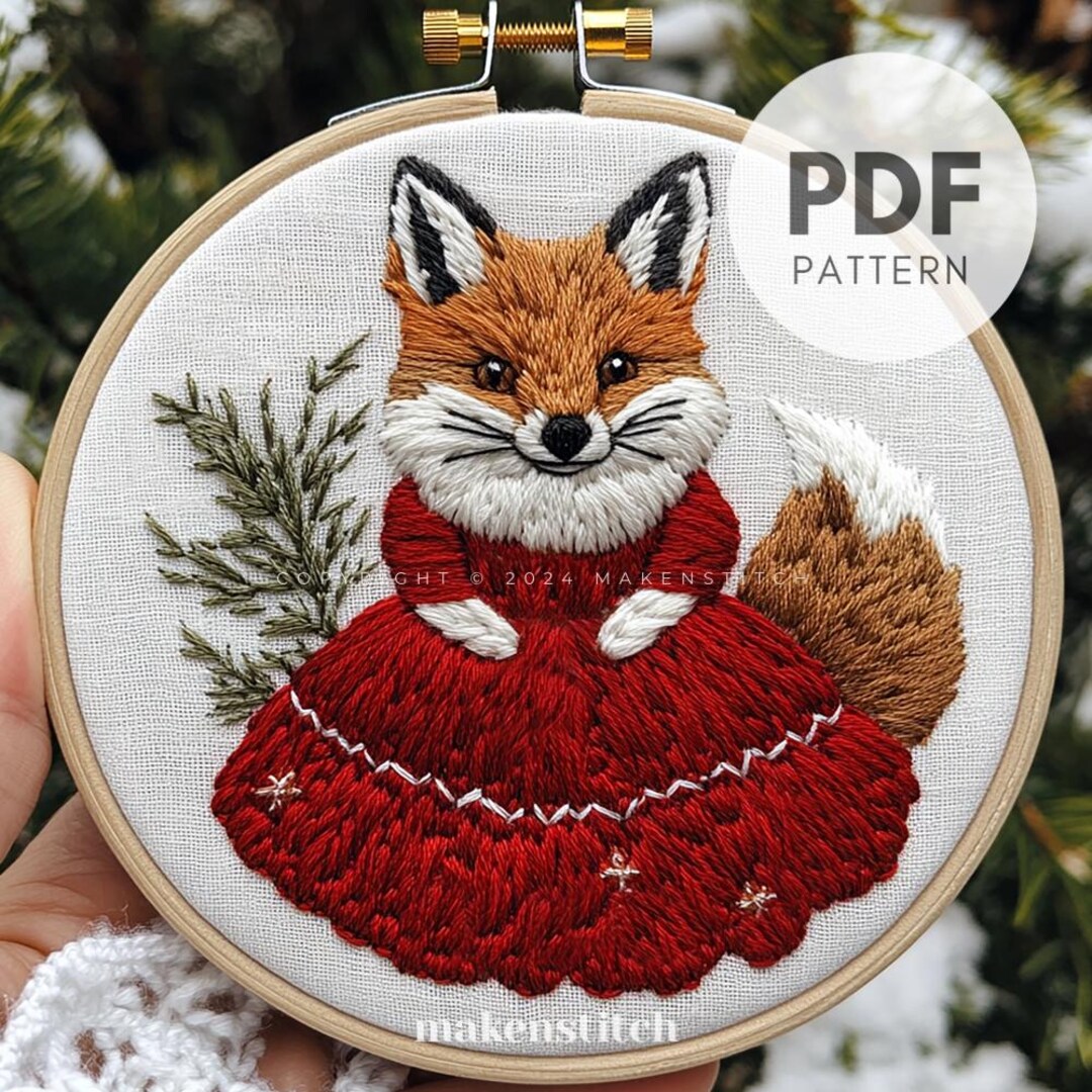 Festive Fox Hand Embroidery Pattern, Woodland Christmas Embroidery ...
