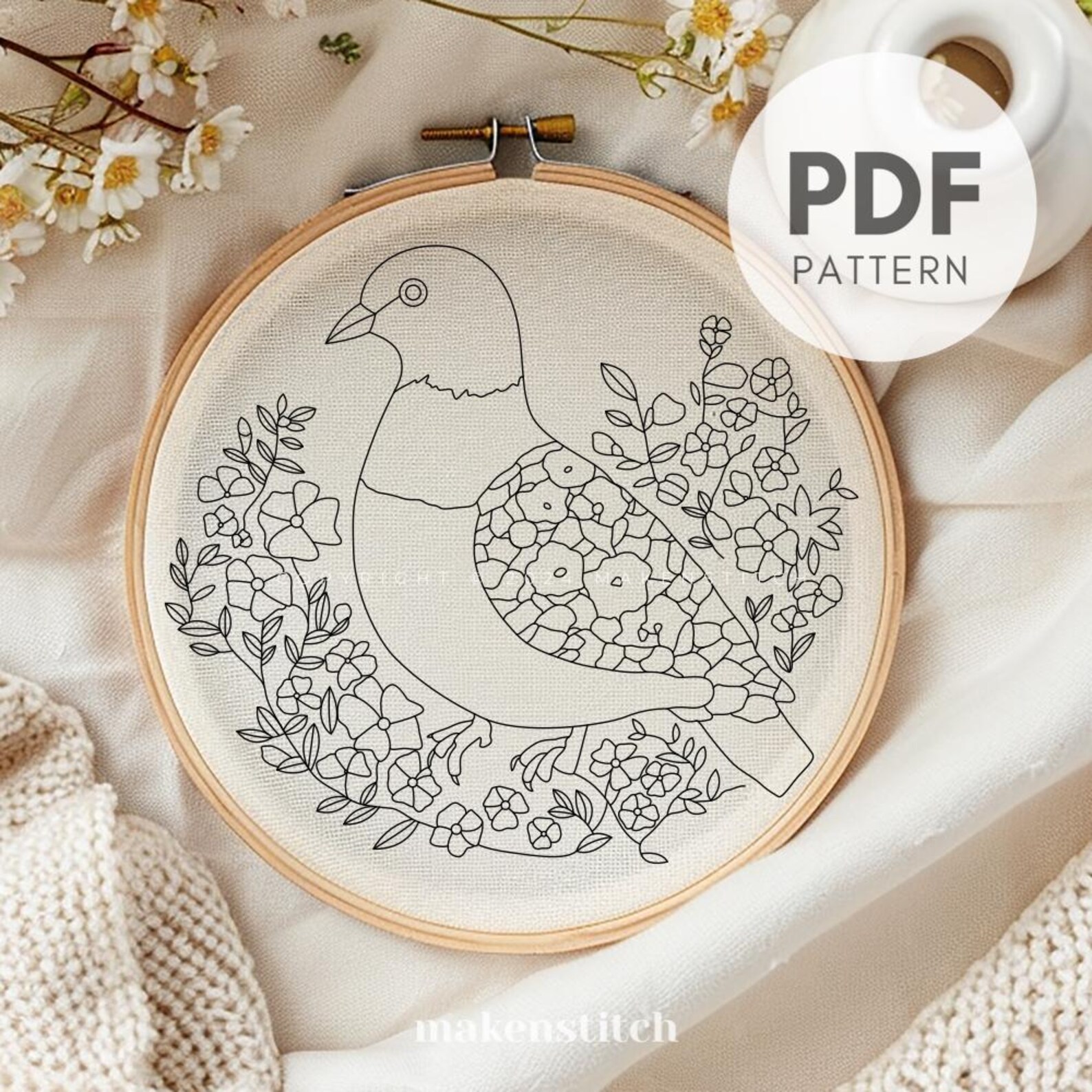 Floral Pigeon Hand Embroidery Pattern: Bird Design (PDF Pattern) - Etsy