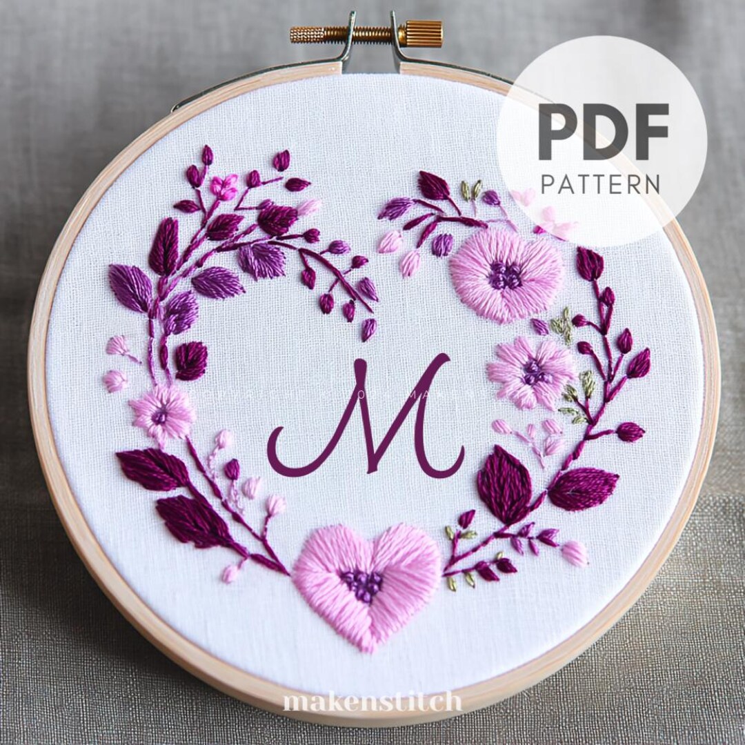 Floral Letter M Embroidery Design: Valentine Wedding Monogram (PDF ...