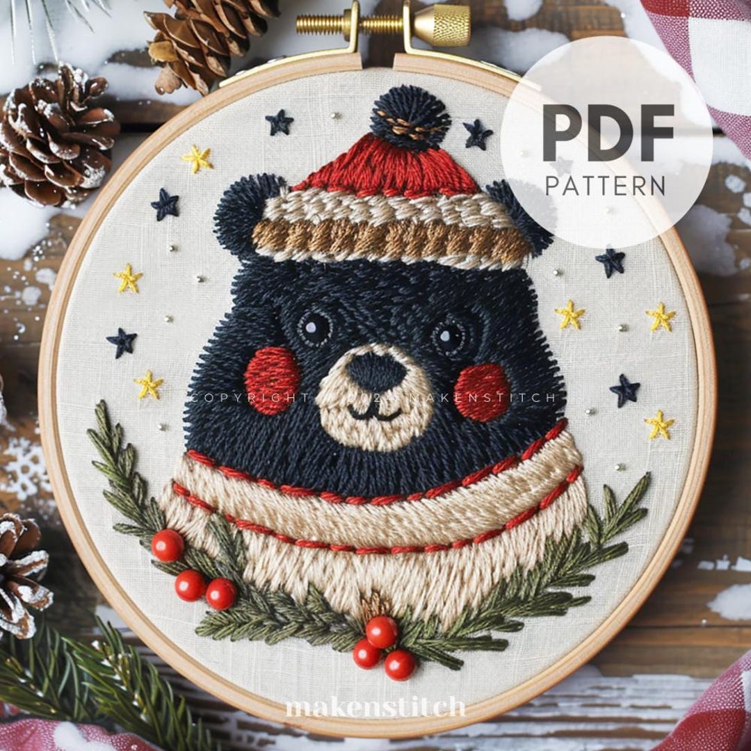 Christmas Teddy Bear Embroidery Pattern: Winter Animal Nursery Decor ...