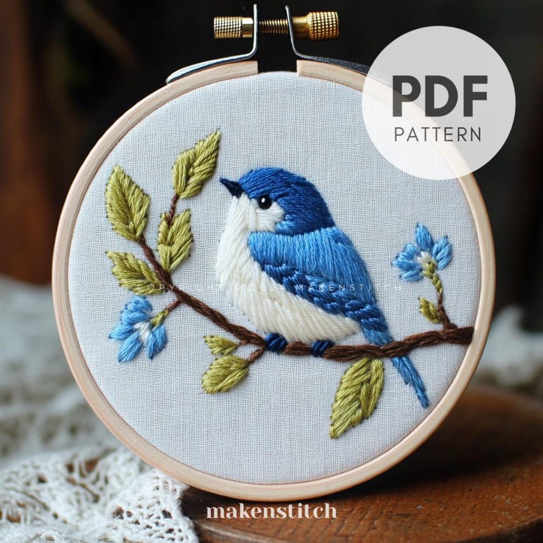 Blue Bird Hand Embroidery Pattern, Spring Bird Embroidery Design, Blue ...