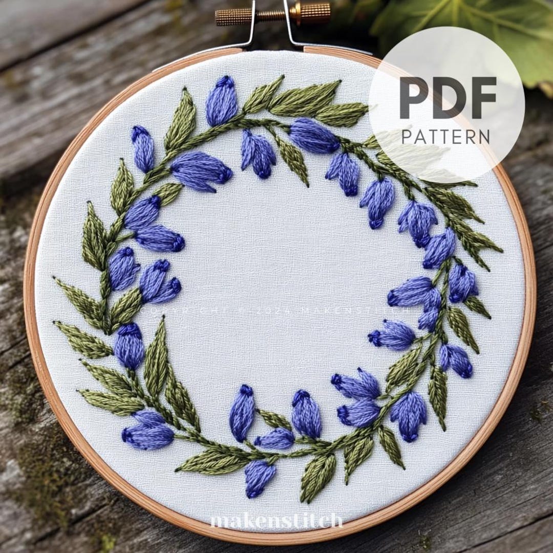 Bluebell Wreath Hand Embroidery Pattern, Blue Flower Wreath, Botanical ...