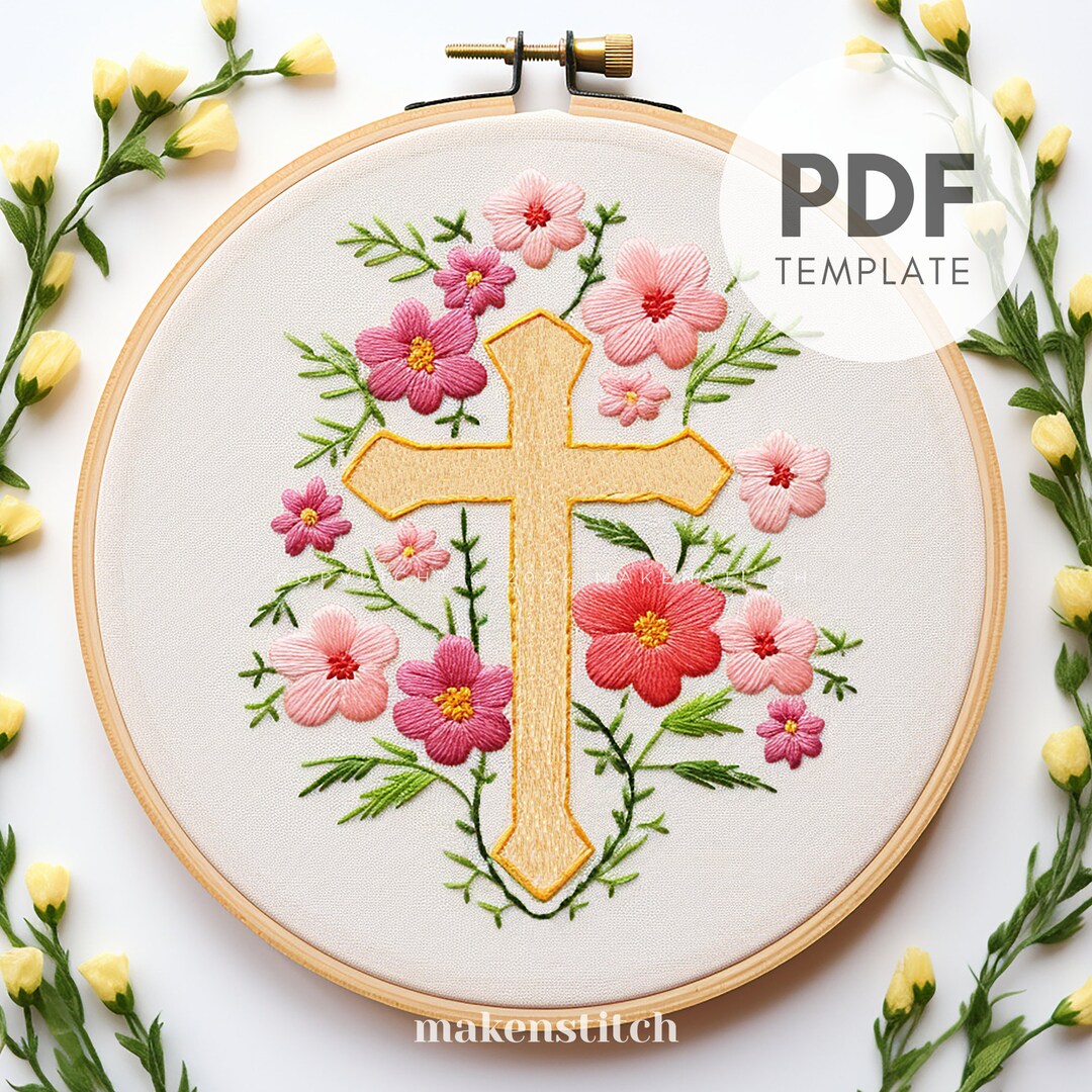 Cross and Flower Wreath Hand Embroidery Pattern, Floral Cross Hand ...