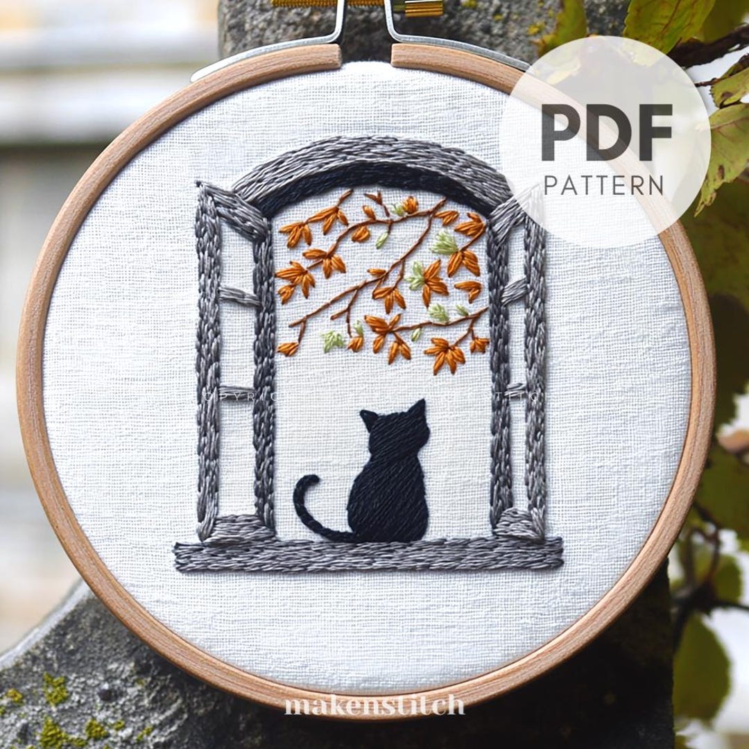 Autumn Cat Embroidery Pattern: Fall Window Scene (PDF Download for ...