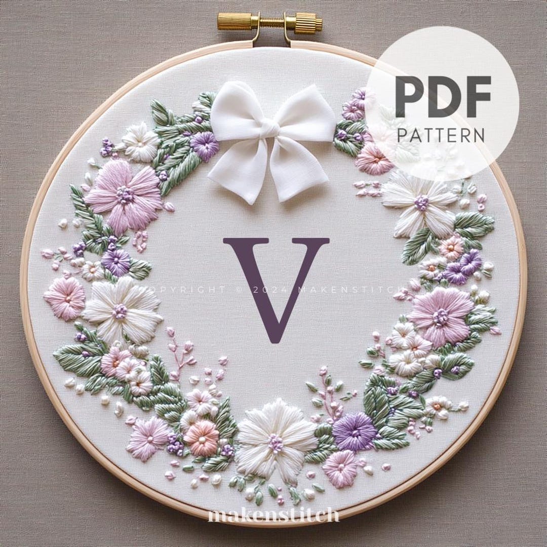 Floral Letter V Embroidery Pattern PDF, Flower Monogram Hand Embroidery ...