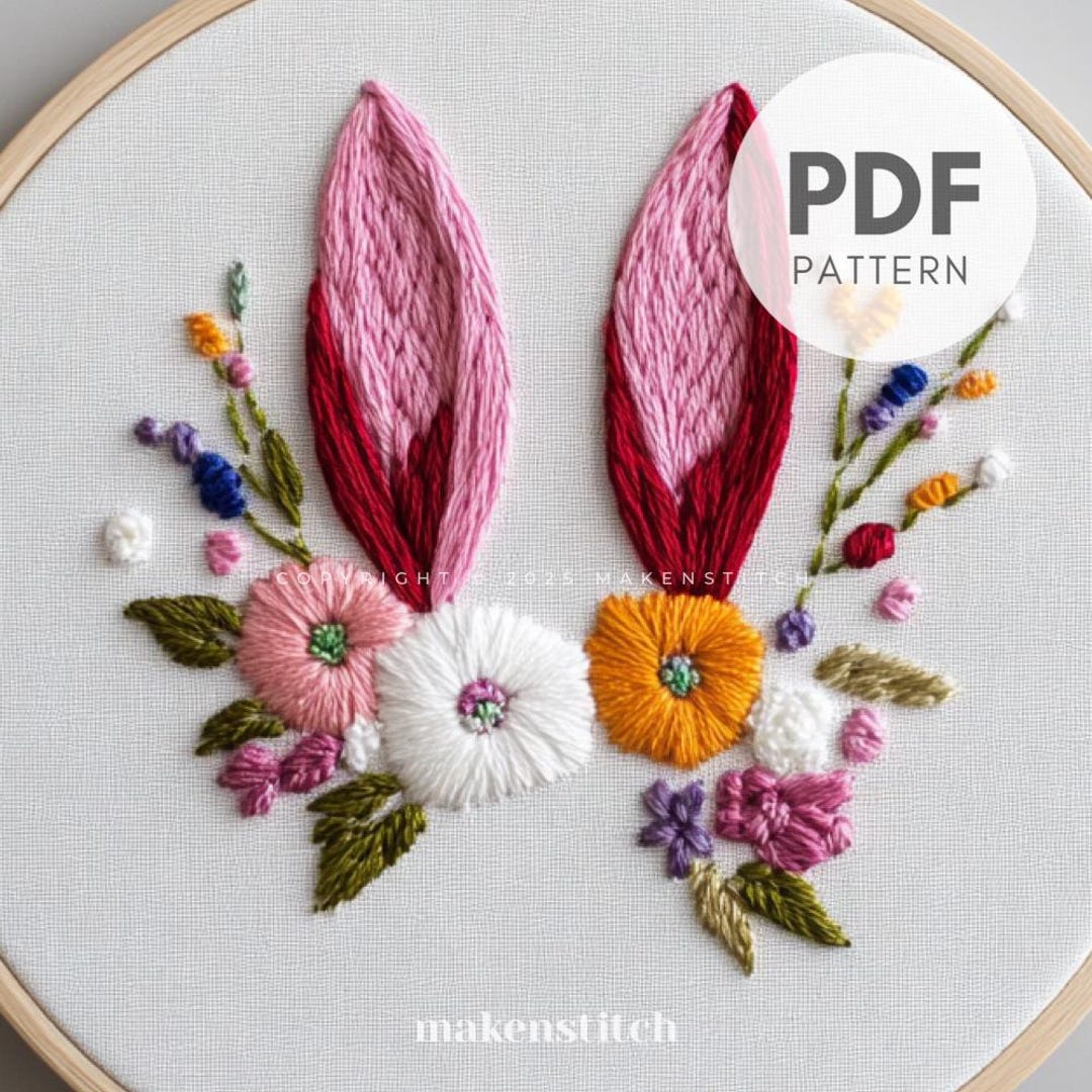 Spring Bunny Ears Hand Embroidery Pattern, Spring Embroidery Design ...