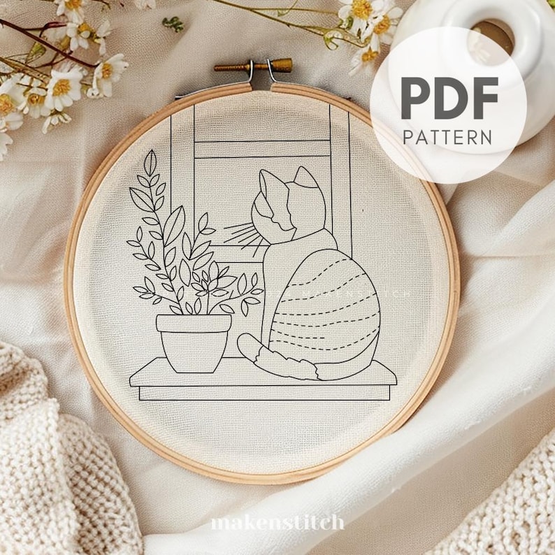 Calico Cat Hand Embroidery Pattern PDF, Cat and Plant Embroidery, Cat ...
