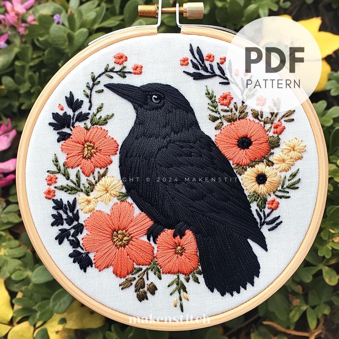 Raven Garden Hand Embroidery Pattern, Floral Crow Embroidery Design ...